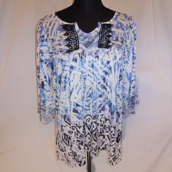 ONE WORLD | Tops | One World Starace Blue White Tunic Top Small | Poshmark